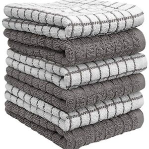 Kitchen Towels 16"x 28" | Dish Towels | Kitchen Hand Towels | Large Dishcloths Set | Highly Absorbent Tea Towel, Soft with Hanging Loop | Natural Ring Spun Cotton, 380 GSM | Gray Check Design - 6 Pack