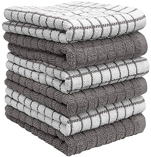 Kitchen Towels 16"x 28" | Dish Towels | Kitchen Hand Towels | Large Dishcloths Set | Highly Absorbent Tea Towel, Soft with Hanging Loop | Natural Ring Spun Cotton, 380 GSM | Gray Check Design - 6 Pack