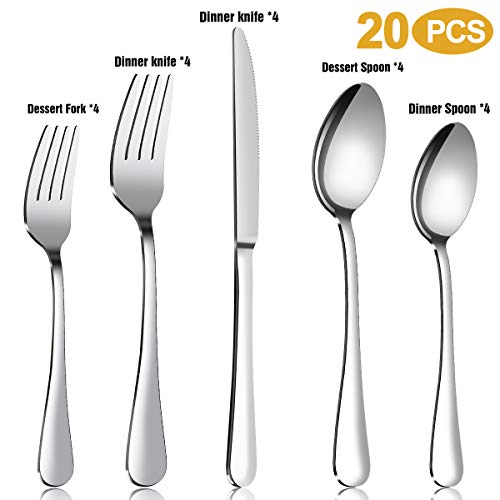 Silverware Set，MASSUGAR 20-Piece Silverware Flatware Cutlery Set, Stainless Steel Utensils Service for 4, Include Knife/Fork/Spoon, Mirror Polished (Silver)