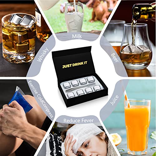 Wine Chillers Metal Ice Cube - 8 PCS Stainless Steel Whiskey Stones, Reusable Whiskey Rocks Beverage Chilling Stones for Scotch and Bourbon, Drinking Gifts Set for Men Dad Husband