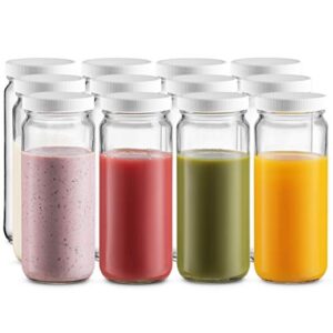 travel glass drinking bottle jar 16 ounce [12-pack] plastic airtight lids, reusable glass water bottle for juicing, smoothies, kombucha, tea, milk bottles, homemade beverages bottle