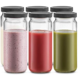 travel glass drinking bottle mason jar 16 ounce [6-pack] plastic airtight lids, reusable glass water bottle for juicing, smoothies, kombucha, tea, milk bottles, homemade beverages bottle,