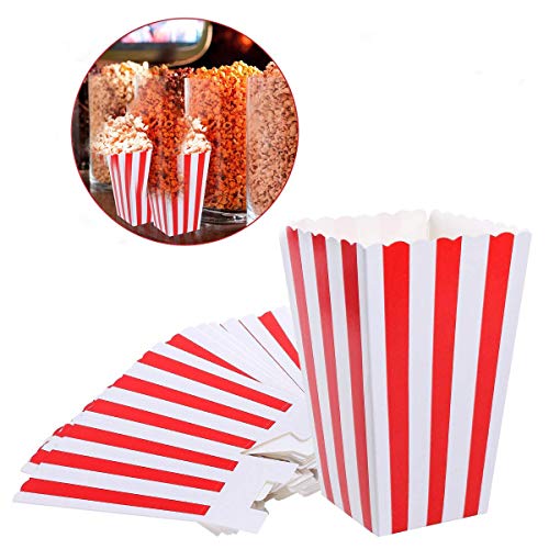 SaPeal Popcorn Boxes Containers Paper Popcorn Bags White Red Striped Pack of 24