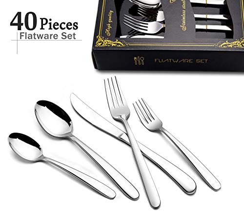 40-Piece Heavy Duty Silverware Set, HaWare Stainless Steel Solid Flatware Cutlery for 8, Modern & Elegant Design for Home/Hotel/Wedding, Mirror Polished and Dishwasher Safe