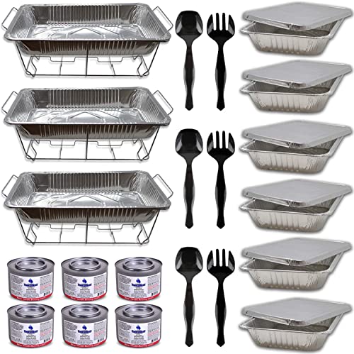 Disposable Chafing Dish Buffet Set, Food Warmers for Parties, 30 Pcs Buffet Servers and Warmers, Catering Supplies, Pans (9x13), Warming Trays for Food, with Covers, Utensils, Lids & Sterno Fuel Cans