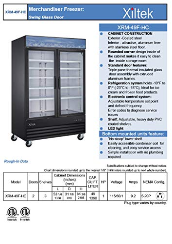 Xiltek Double Door Upright Commercial Display Freezer - Large Capacity Glass Door Merchandiser Freezer 45 CU Ft.