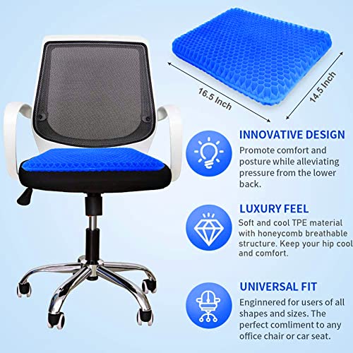 Gel Seat Cushion - 1.65inch Double Thick Egg Seat Cushion with Non-slip Cover - Coccyx Cushion for Back & Sciatica Pain - Office chair Car Seat Cushion - Honeycomb Breathable Design, Durable, Portable