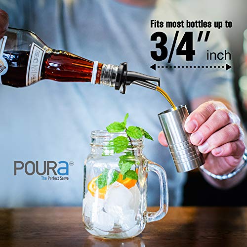 3-in-1 Liquor Pour Spout with Built-in Fruit Fly Protection - Dishwasher Safe Hygienic Alcohol Speed Spouts - Also for Olive Oil, Juice, Syrup. Black 2 Pack with 2 Adapters for Large Neck Bottles