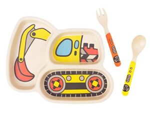 kid plate set bamboo toddler plates dinnerware dinner dish set baby feeding spill proof divided plate - baby spoon and fork 3-piece set for kids and toddlers teaches child portion control