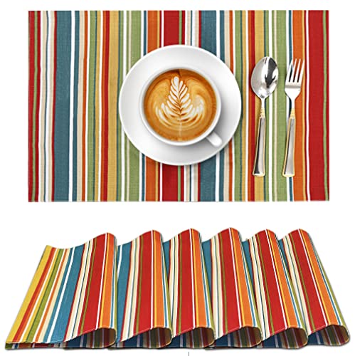 Ruvanti Placemats 100% Cotton 13x19 Inch, Dining Table Placemats Set of 6, Modern Place Mats for Dining Table Decor, Kitchen & Table Linens, Coffee Mat for Christmas Dinners – Multi Stripe