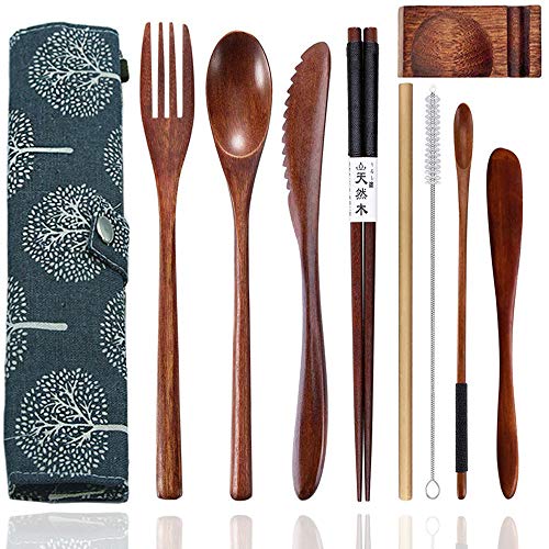 Wooden Utensils for Eating Reusable Wooden Bamboo Cutlery Set with Case 9 Pcs Travel Utensils, Fork and Spoon Set Wood Flatware Set for Eating with Knife Chopsticks Straw