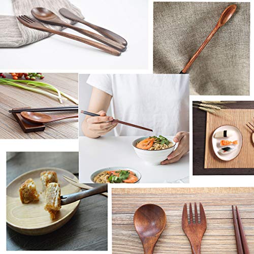 Wooden Utensils for Eating Reusable Wooden Bamboo Cutlery Set with Case 9 Pcs Travel Utensils, Fork and Spoon Set Wood Flatware Set for Eating with Knife Chopsticks Straw