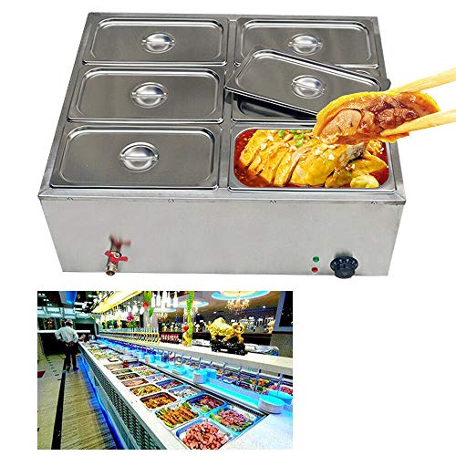 TFCFL Commercial Food Warmer 6-Pan Steamer Stainless Steel Bain-Marie Buffet Electric Countertop Food Warmer Steam Table 110V 850W for Catering and Restaurants