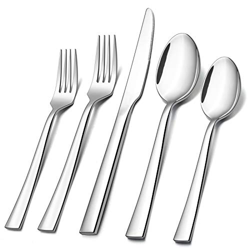 60-Piece Silverware Set, E-far Stainless Steel Flatware Set Service for 12, Tableware Cutlery Set for Home Restaurant Party, Dinner Forks/Spoons/Knives, Square Edge & Mirror Polished, Dishwasher Safe