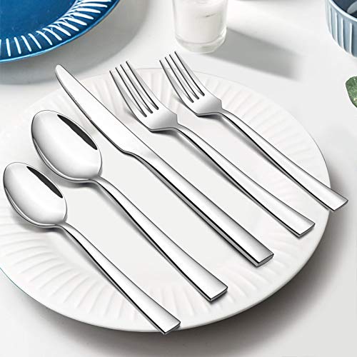 60-Piece Silverware Set, E-far Stainless Steel Flatware Set Service for 12, Tableware Cutlery Set for Home Restaurant Party, Dinner Forks/Spoons/Knives, Square Edge & Mirror Polished, Dishwasher Safe