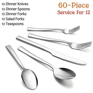 60-Piece Silverware Set, E-far Stainless Steel Flatware Set Service for 12, Tableware Cutlery Set for Home Restaurant Party, Dinner Forks/Spoons/Knives, Square Edge & Mirror Polished, Dishwasher Safe