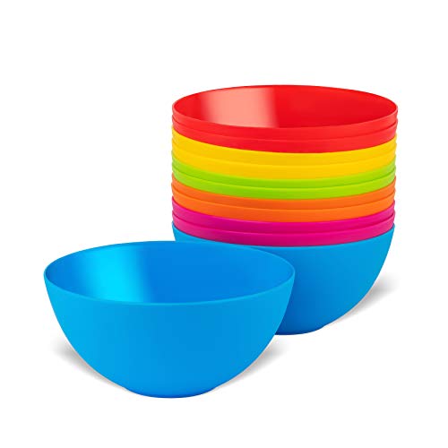 PLASKIDY Plastic Bowls Set of 12 Kids Bowls 24 Oz Microwave Dishwasher Safe BPA Free Plastic Cereal Bowls for Kids Brightly Colored Children Bowls Great for Cereal, Soup, Snack, Fruit or Salad