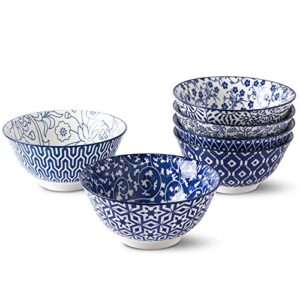 selamica blue and white porcelain 20oz cereal bowl set - set of 6, 6 inch soup bowls, ceramic bowls for cereal, soup, salad and pasta, vintage blue, gift pack