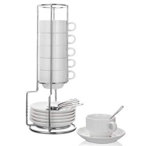 aozita espresso cups and saucers with espresso spoons, stand rack, 19-piece porcelain stackable espresso mugs, 2.5-ounce demitasse cups for espresso, latte, cafe mocha