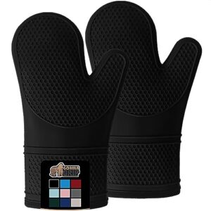 gorilla grip heat and slip resistant silicone oven mitts set, soft cotton lining, waterproof, bpa-free, long flexible thick gloves for cooking, kitchen mitt potholders, 12.5 in, black