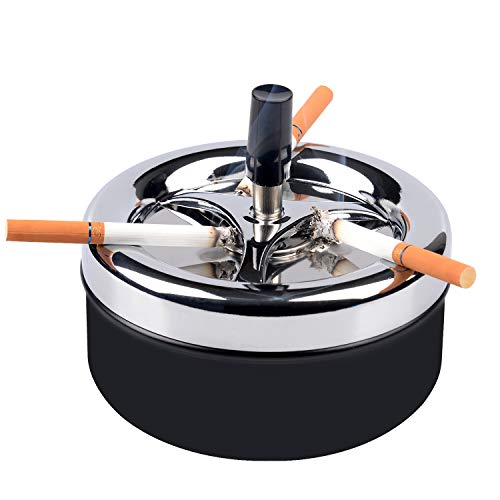 Round Push Down Stainless Steel Modern Tabletop Cigarette Ashtray with Spinning Tray, Cigarette Ashtray for Indoor or Outdoor Use, Ash Holder for Smokers, Desktop Smoking Ash Tray for Home Office