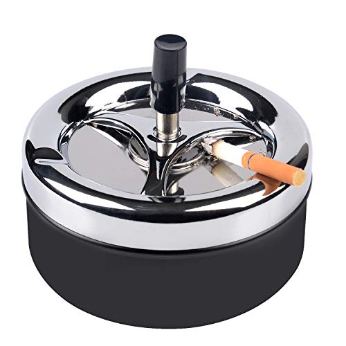 Round Push Down Stainless Steel Modern Tabletop Cigarette Ashtray with Spinning Tray, Cigarette Ashtray for Indoor or Outdoor Use, Ash Holder for Smokers, Desktop Smoking Ash Tray for Home Office