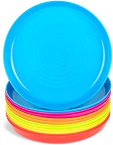 plaskidy kids plates set of 12 toddler plastic plates - bpa free microwave and dishwasher safe reusable plastic children's plates brightly colored 7 inch dinner plates