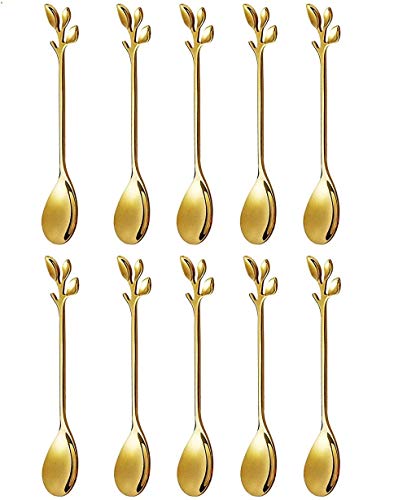 Stainless Steel Leaf Coffee Spoon, SZBAIDEKJ 10 Pcs Creative Tableware Dessert Spoons, Stirring, Mixing, Sugar, Stir, Ice Cream Teaspoon Set