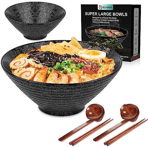 NJCHARMS Ceramic Ramen Bowl Set of 2, 60 oz Japanese Noodle Soup Bowls with Spoons and Chopsticks for Ramen Soup Pho Udon Asian Noodles, Large Noodle Bowls