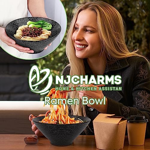 NJCHARMS Ceramic Ramen Bowl Set of 2, 60 oz Japanese Noodle Soup Bowls with Spoons and Chopsticks for Ramen Soup Pho Udon Asian Noodles, Large Noodle Bowls