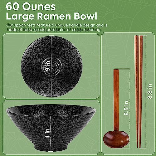 NJCHARMS Ceramic Ramen Bowl Set of 2, 60 oz Japanese Noodle Soup Bowls with Spoons and Chopsticks for Ramen Soup Pho Udon Asian Noodles, Large Noodle Bowls