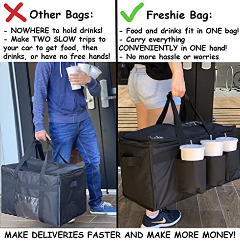 FRESHIE Insulated Food Delivery Bag with Cup Holders/Drink Carriers Premium XXL, Great for Beverages, Grocery, Pizza, Commercial Quality Hot and Cold (XL Pro)