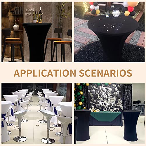 4PCS 24 inch Black Round Cocktail Tablecloth with Stretch Spandex Table Cover for Fitted Bar Wedding Cocktail Table