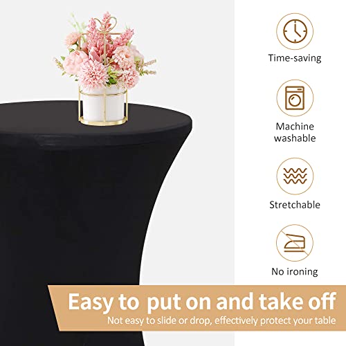 4PCS 24 inch Black Round Cocktail Tablecloth with Stretch Spandex Table Cover for Fitted Bar Wedding Cocktail Table