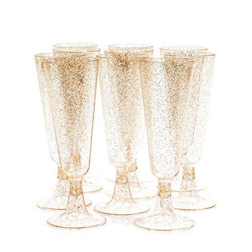 MATANA 50 Gold Glitter Plastic Champagne Flutes 5oz Clear Plastic Toasting Glasses, Mimosa Glasses, Cocktail Cups, Champagne Glasses - Wedding Anniversary Garden Barbecue Parties, Reusable, Recyclable