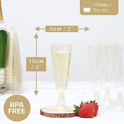 MATANA 50 Gold Glitter Plastic Champagne Flutes 5oz Clear Plastic Toasting Glasses, Mimosa Glasses, Cocktail Cups, Champagne Glasses - Wedding Anniversary Garden Barbecue Parties, Reusable, Recyclable