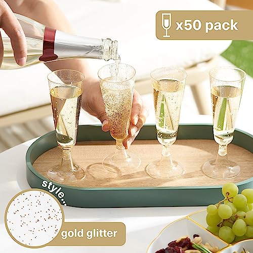 MATANA 50 Gold Glitter Plastic Champagne Flutes 5oz Clear Plastic Toasting Glasses, Mimosa Glasses, Cocktail Cups, Champagne Glasses - Wedding Anniversary Garden Barbecue Parties, Reusable, Recyclable