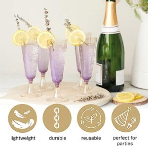 MATANA 50 Gold Glitter Plastic Champagne Flutes 5oz Clear Plastic Toasting Glasses, Mimosa Glasses, Cocktail Cups, Champagne Glasses - Wedding Anniversary Garden Barbecue Parties, Reusable, Recyclable