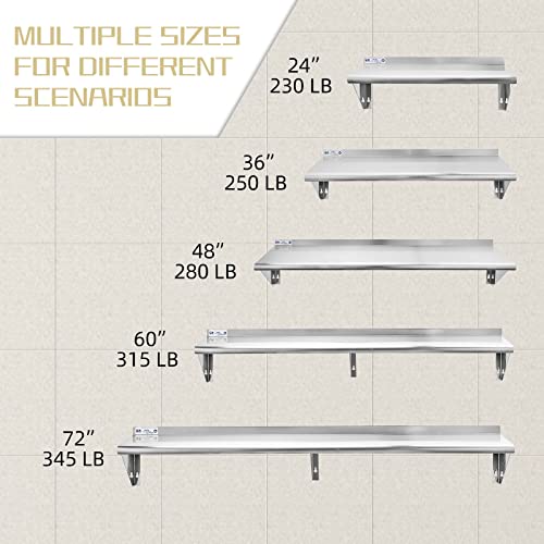 Hally Stainless Steel Shelf 12 x 48 Inches 280 lb, NSF Commercial Wall Mount Floating Shelving for Restaurant, Kitchen, Home and Hotel