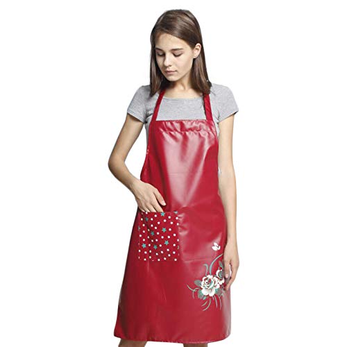 PU Kitchen Oil and Waterproof Aprons for Women with Pocket,Cooking,Red