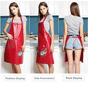 PU Kitchen Oil and Waterproof Aprons for Women with Pocket,Cooking,Red