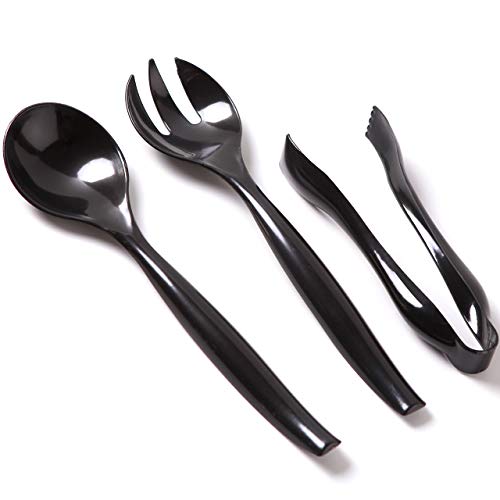 72pcs Plastic Serving Utensils Heavy Duty Disposable Serving Tongs Black Disposable Serving Set 10" Spoons 10" Forks 6" Tongs Each 24pcs Supernal