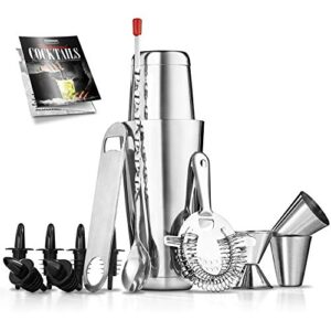 nutrichef mixology bartender cocktail shaker set - 15 & 30 oz stainless steel cocktail bar set mix drink shaker kit - essentials martini making kit drink mixing starter set - nccs15pc (15 piece set)