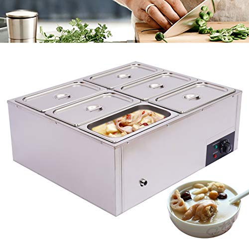 Buffet Server Food Warmer, 6 Pot Stainless Steel Electric Food Warmer Buffet Server Heater Tray Pan Bain-Marie Buffet Countertop Food Warmer Steam Table Steamer + 6Lid 850W 110V (US Stock)