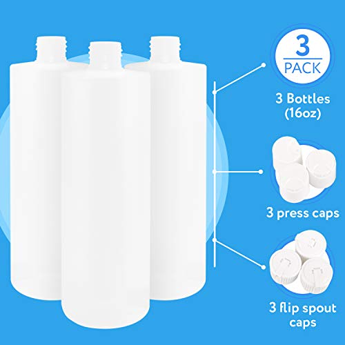 IMPRESA 3 Pack 16oz Plastic Bottle with 6 Caps in 2 Styles - BPA Free Latex-Free, Food-Grade, Great for Shampoo, Body Wash, Sauce and More