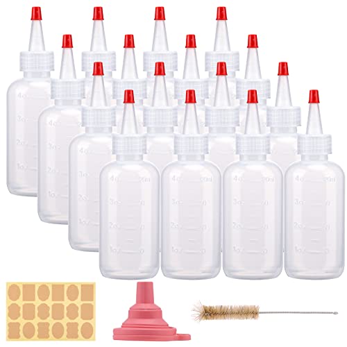 CUCUMI 16pcs 4oz Plastic Squeeze Bottles, with Red Tip Caps and Measurement, with Extra 1 Funnel, 18 Kraft Paper Stickers and 1 Brush for Crafts, Art, Glue, Kitchen Condiments