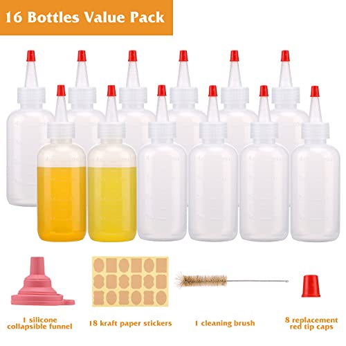 CUCUMI 16pcs 4oz Plastic Squeeze Bottles, with Red Tip Caps and Measurement, with Extra 1 Funnel, 18 Kraft Paper Stickers and 1 Brush for Crafts, Art, Glue, Kitchen Condiments