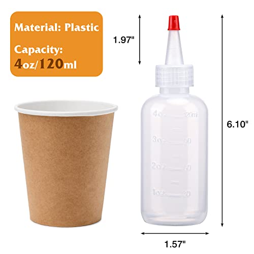 CUCUMI 16pcs 4oz Plastic Squeeze Bottles, with Red Tip Caps and Measurement, with Extra 1 Funnel, 18 Kraft Paper Stickers and 1 Brush for Crafts, Art, Glue, Kitchen Condiments