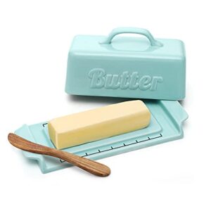 dowan butter dish with lid and knife, butter dish with cutting measurements and humanized knife handle for east west coast butter, ceramic butter dish with lid for countertop, turquoise