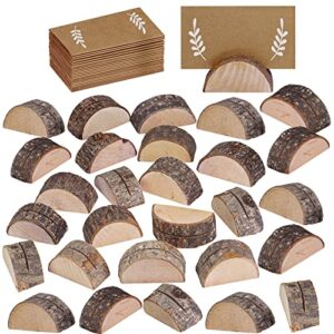 30 pcs rustic wood wedding place card holders with 32 pcs kraft tented cards half-round table numbers holder stand wooden memo holder card photo picture note clip holders escort card holder